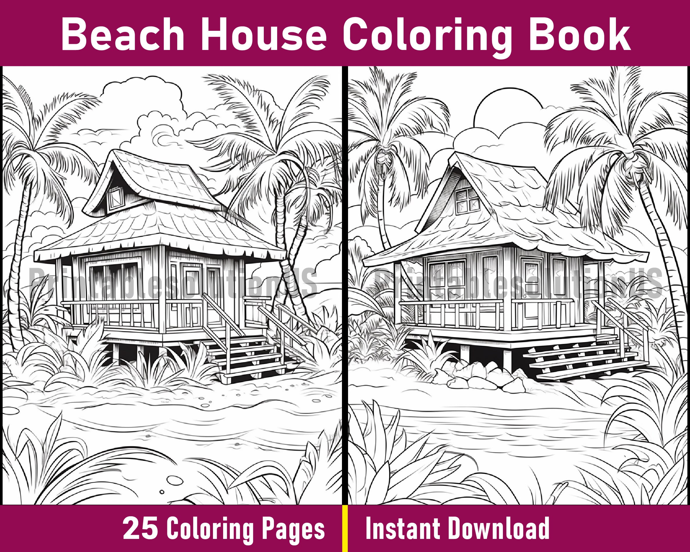 Beach House Coloring Book | 25 Printable Cottage Pages (PDF Download ...