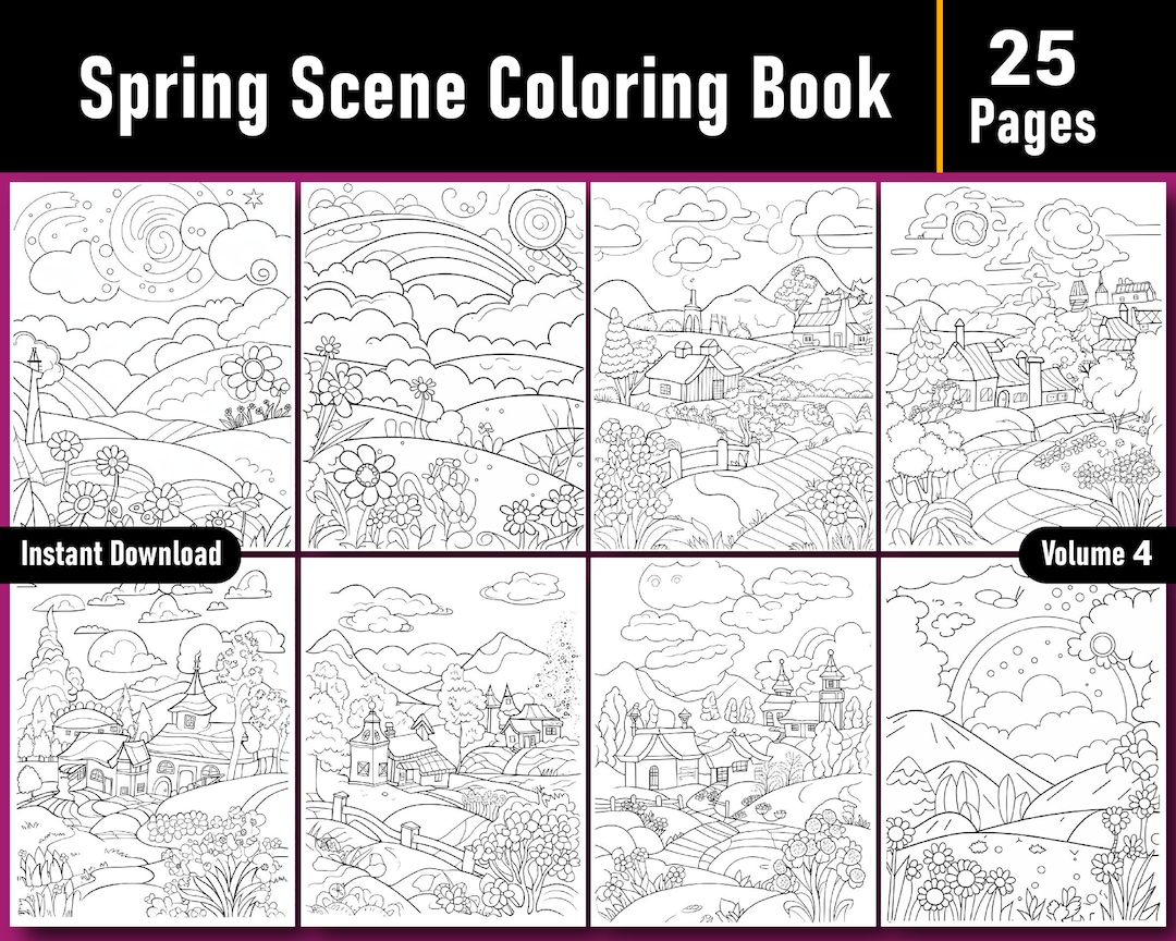 Spring Scene Coloring Book Volume 4 | Spring Coloring Pages Adults ...