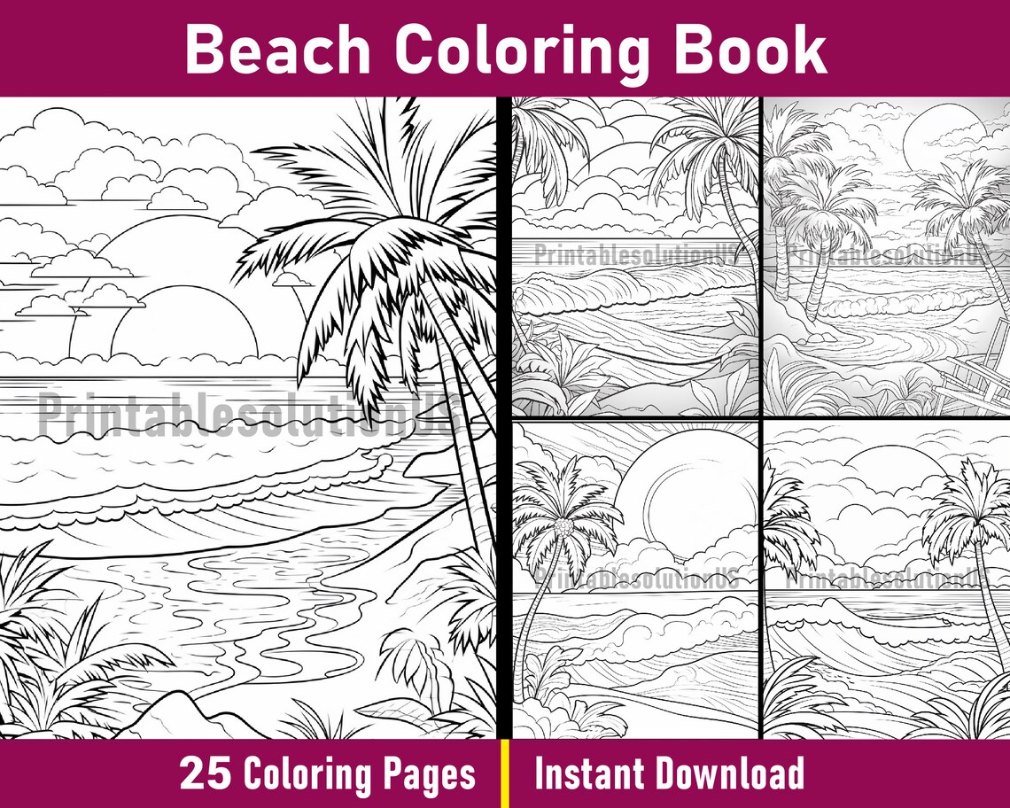 Beach Coloring Book Printable Summer Coloring Pages Black and White ...