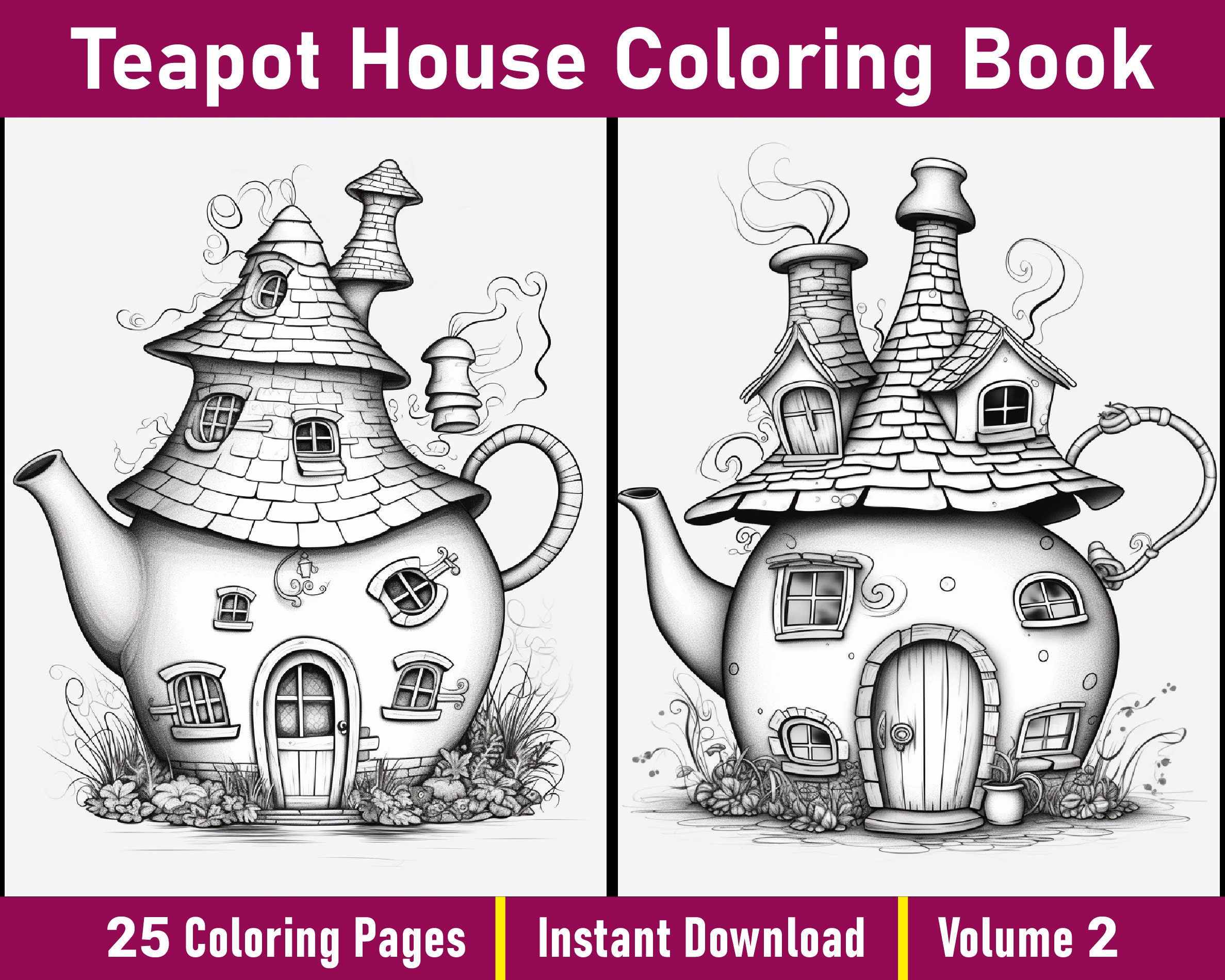 Teapot House Coloring Book V-2 | Whimsical Teapot Fairy House Coloring ...