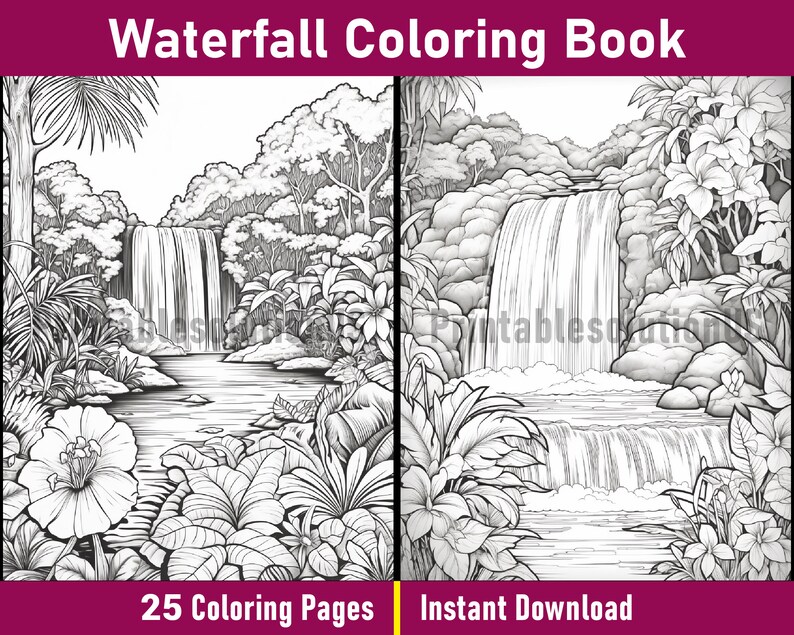 Waterfall Coloring Book V-3 Printable Nature Coloring Pages Black and ...
