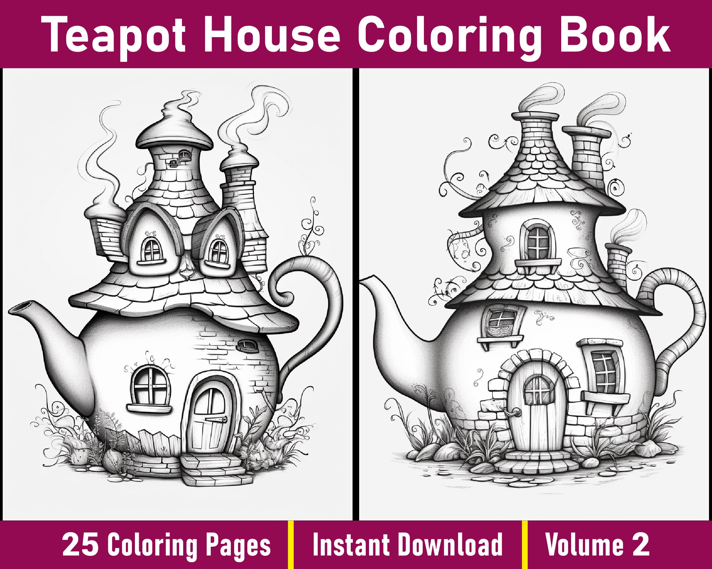 Teapot House Coloring Book V-2 | Whimsical Teapot Fairy House Coloring ...