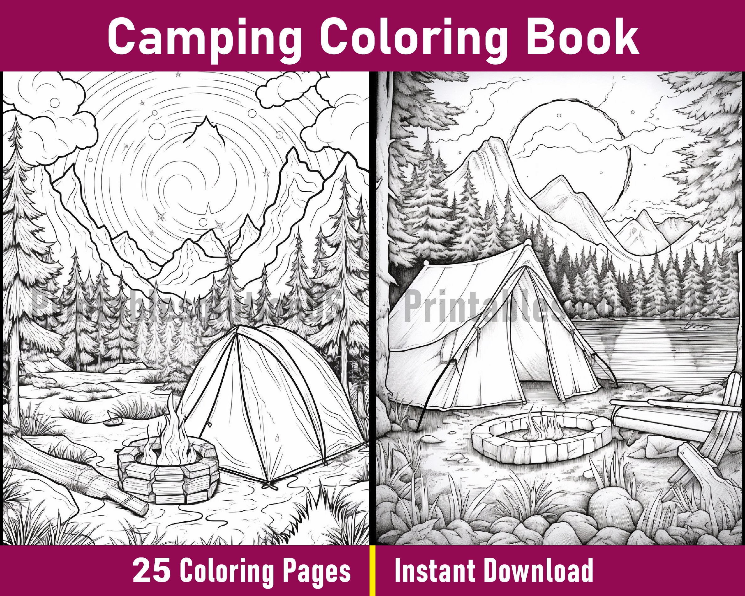 Camping Coloring Book | Printable Summer Coloring Pages | Grayscale ...