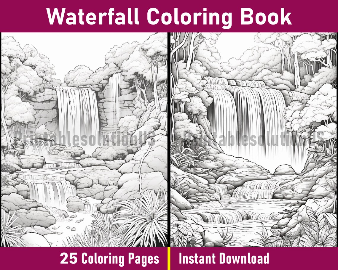 Waterfall Coloring Book V-4 Printable Nature Coloring Pages Black and ...