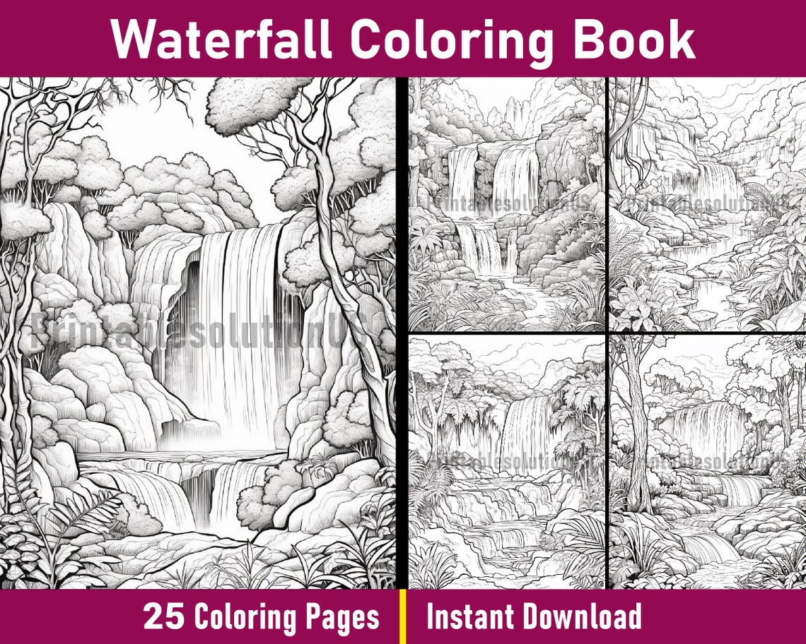 Waterfall Coloring Book V-4 Printable Nature Coloring Pages Black and ...