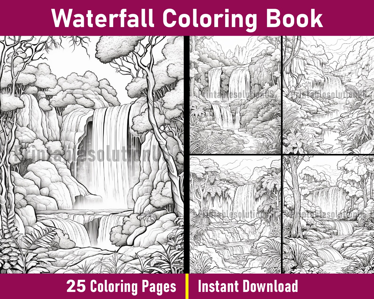 Waterfall Coloring Book V-4 Printable Nature Coloring Pages Black and ...