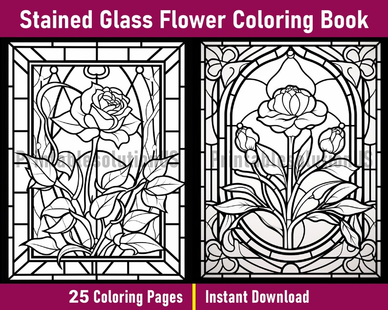 Stained Glass Rose Coloring Book Vol-2 Rose Flower Coloring - Etsy