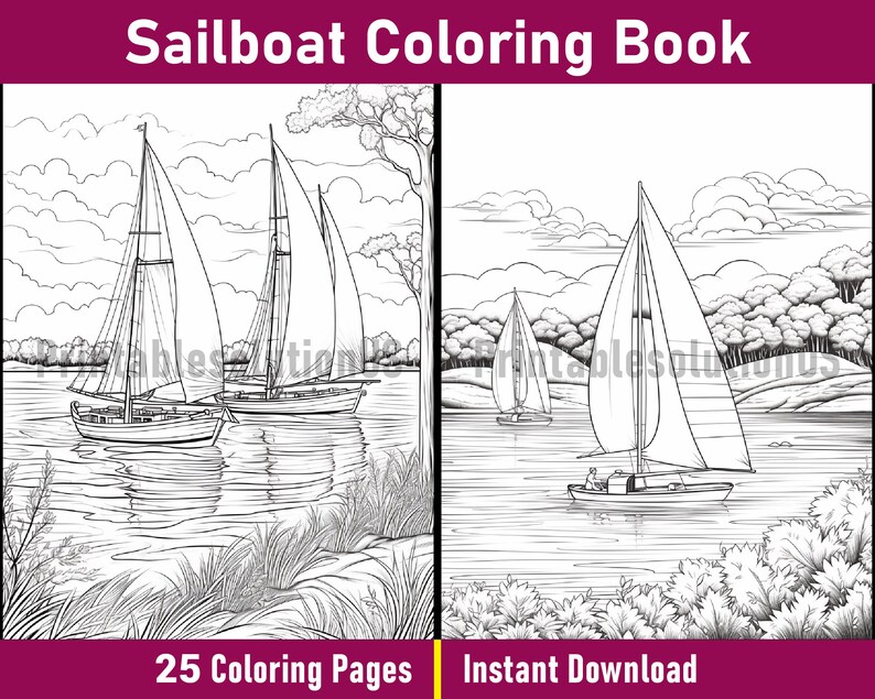 Sailboat Coloring Book | Printable Sailboat Coloring Pages | Black and ...