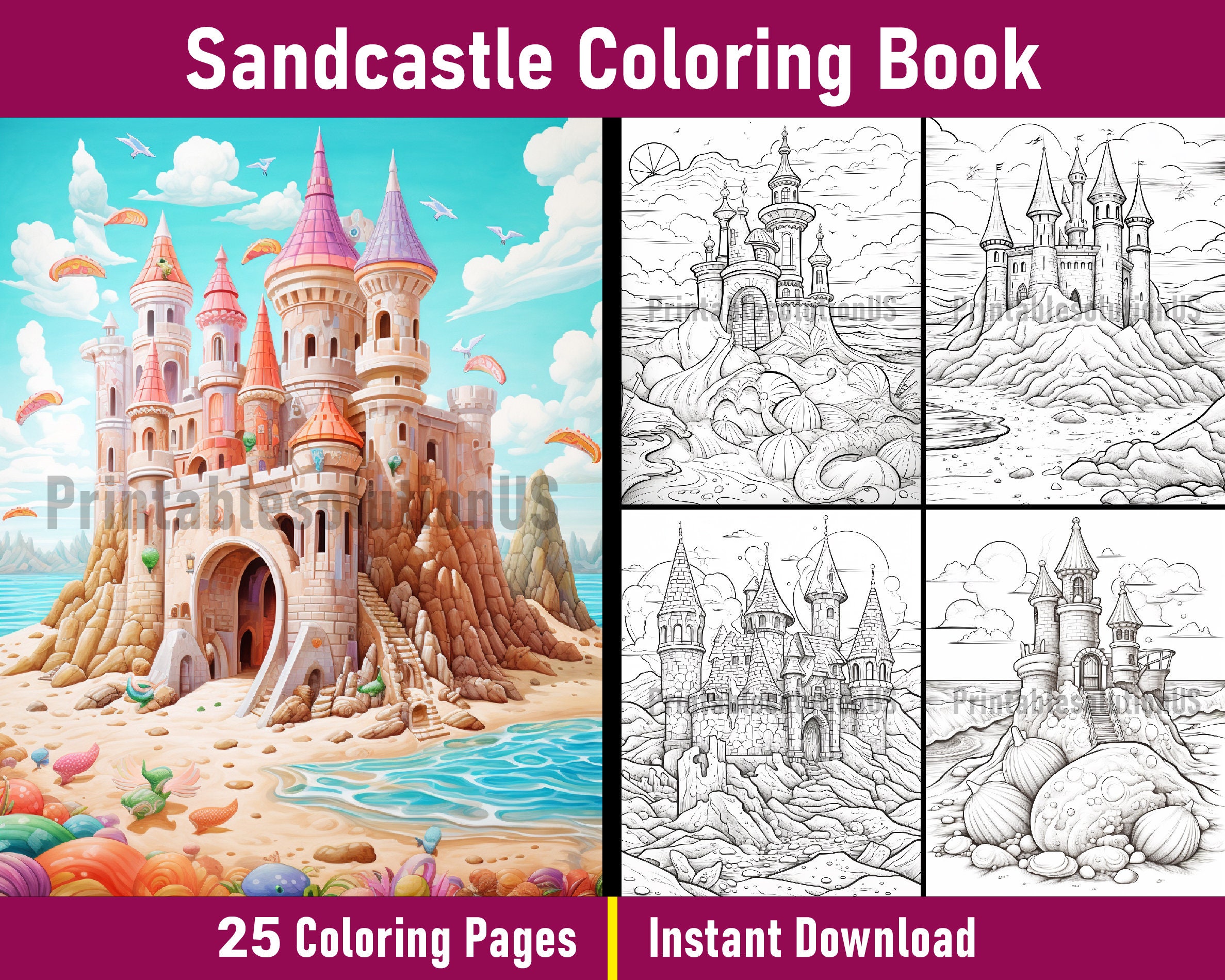 Sandcastle Coloring Book Printable Sandcastle Coloring Pages Black and ...
