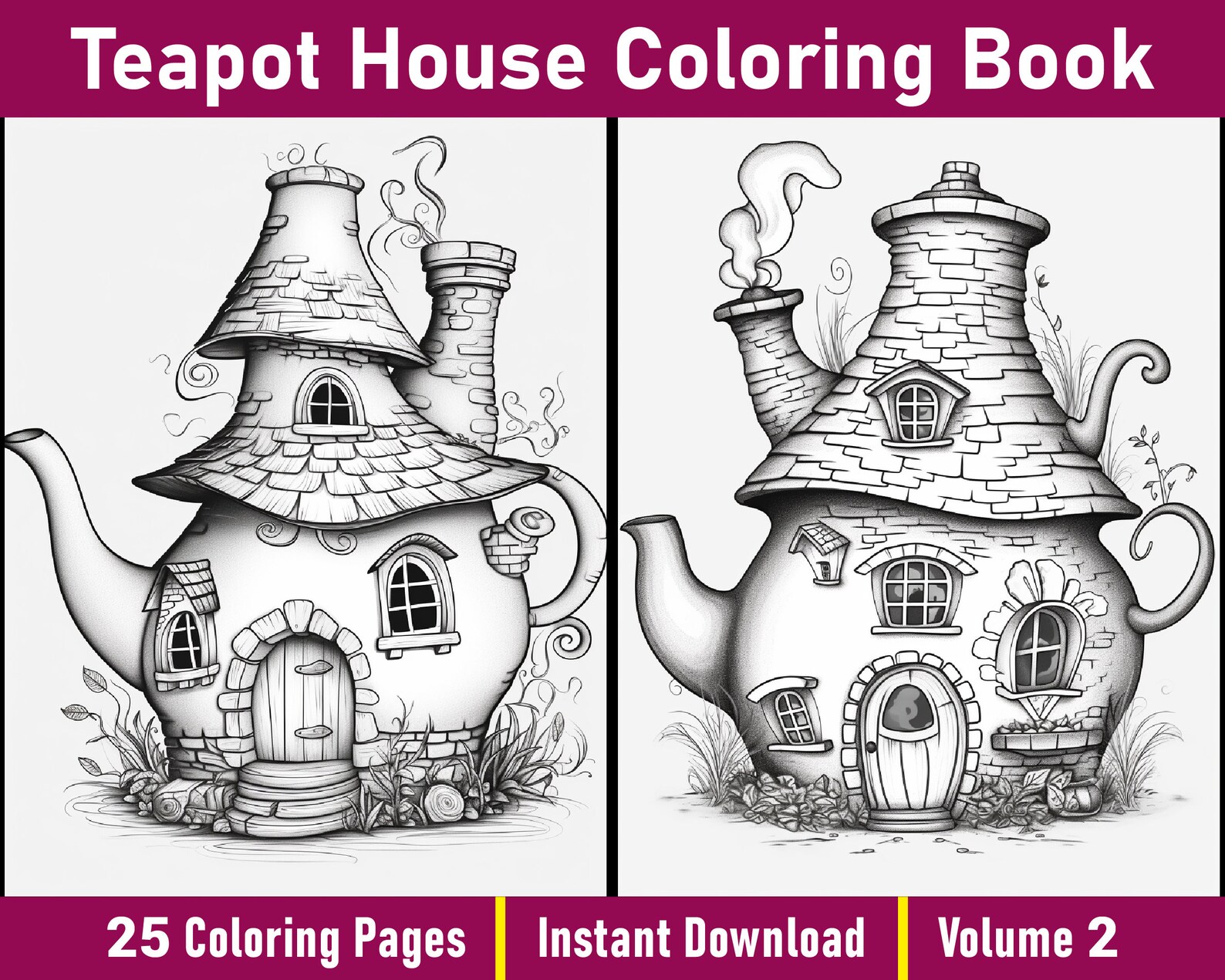 Teapot House Coloring Book V-2 | Whimsical Teapot Fairy House Coloring ...