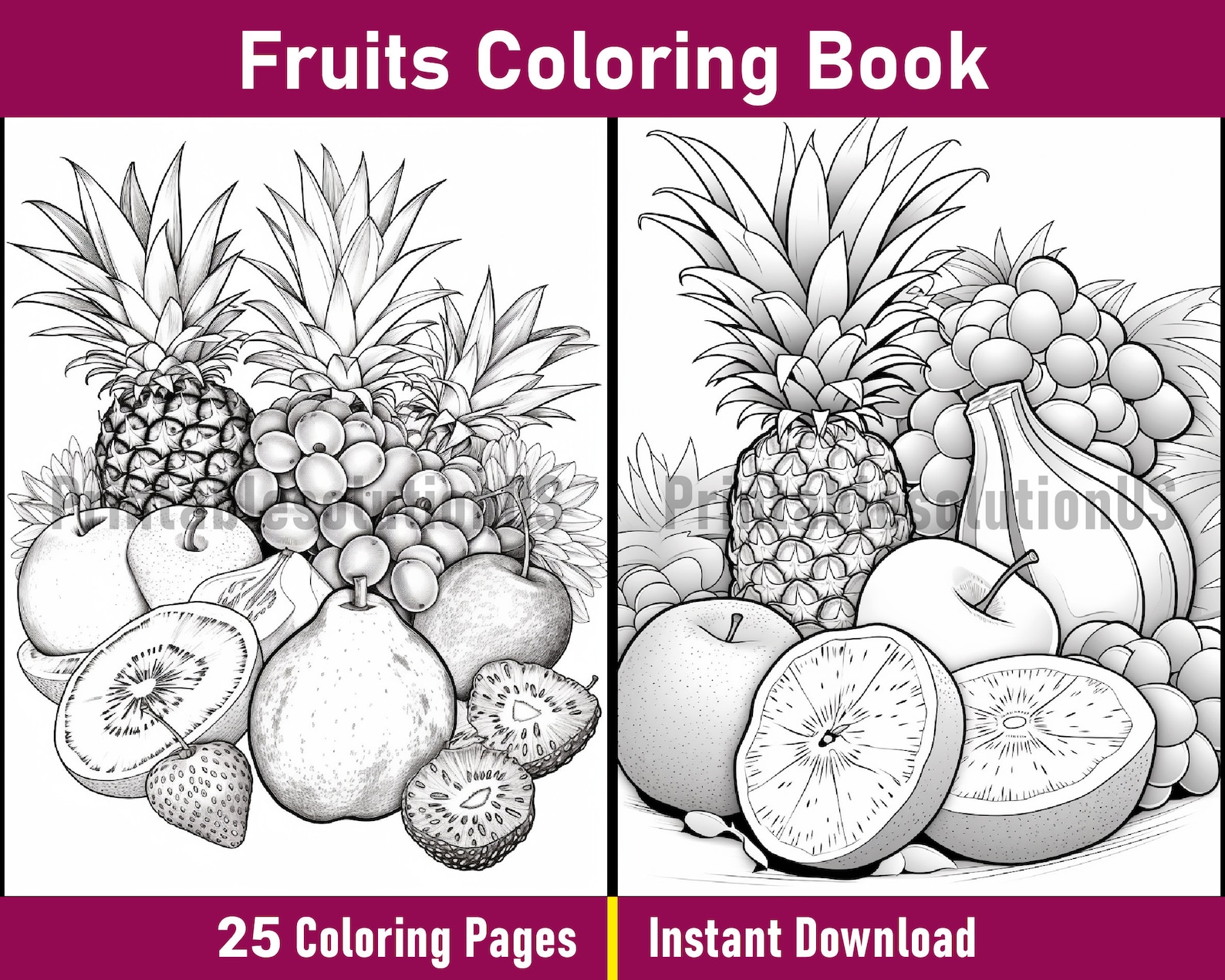 Fruits Coloring Book | Printable Summer Coloring Pages | Grayscale ...