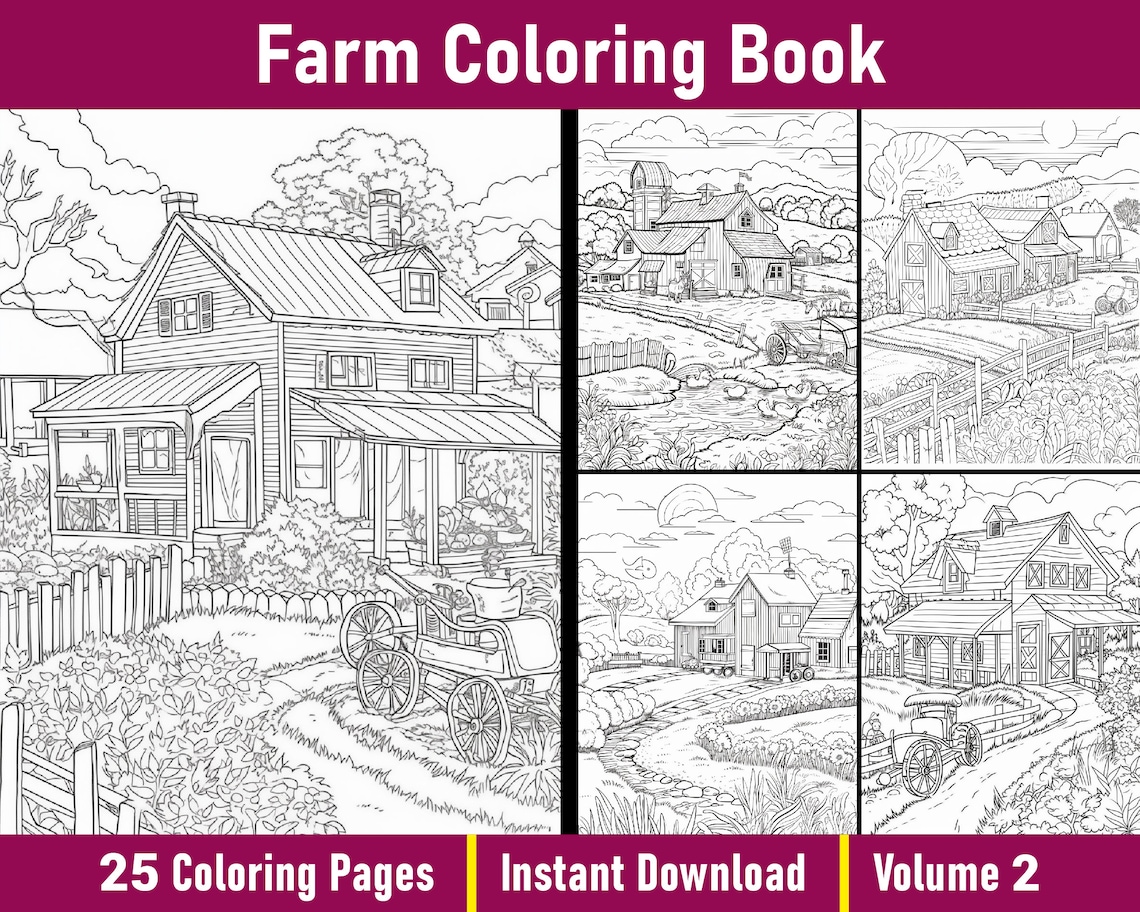 Farm Coloring Book Volume 2 | Farm Coloring Pages Printable | Grayscale ...