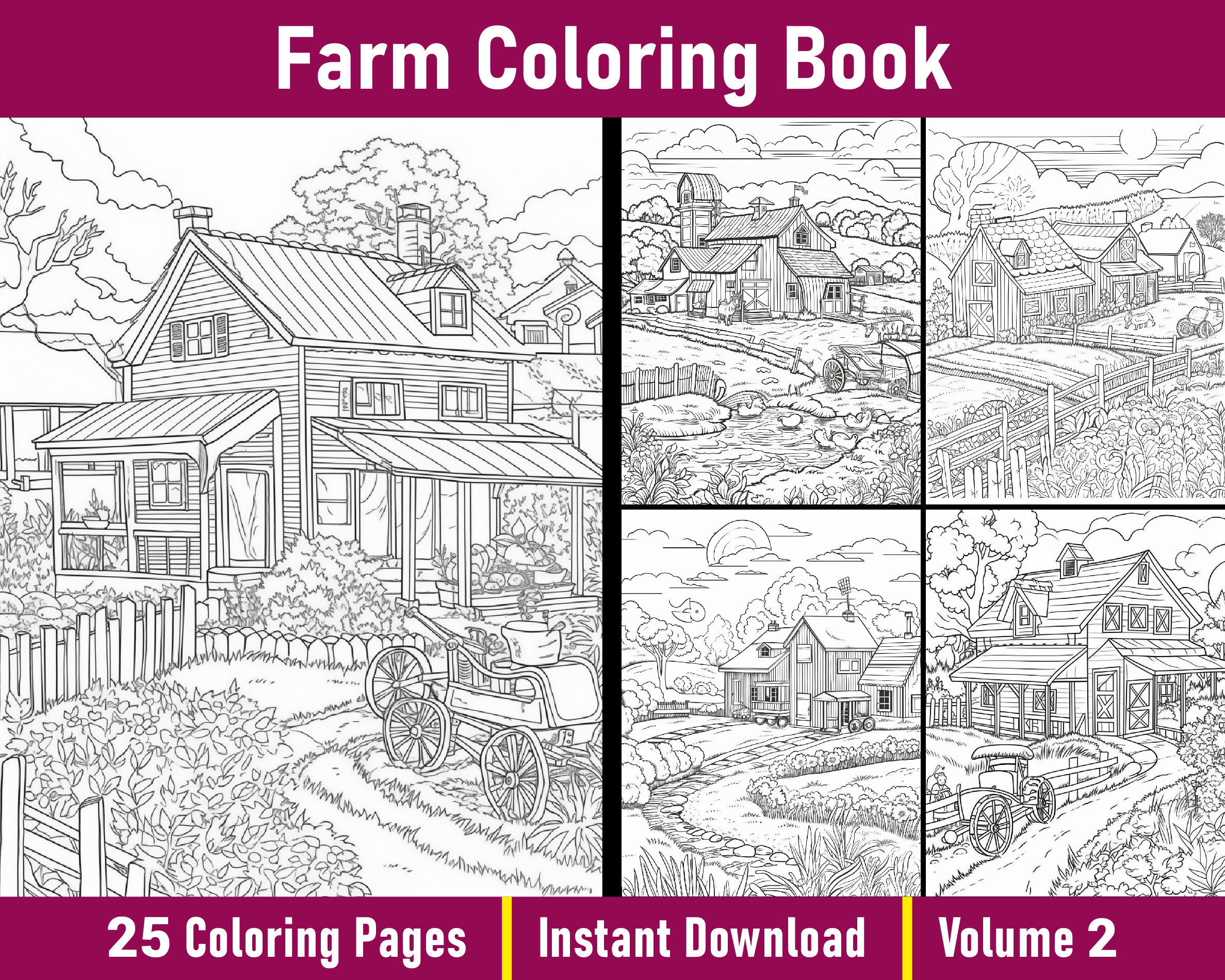 Farm Coloring Book Volume 2 | Farm Coloring Pages Printable | Grayscale ...