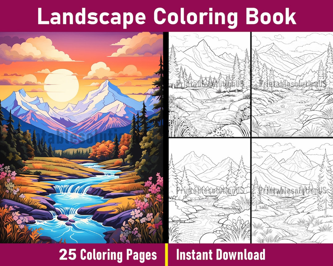 Landscape Coloring Book | 25 Black and White Forest Designs (printable ...