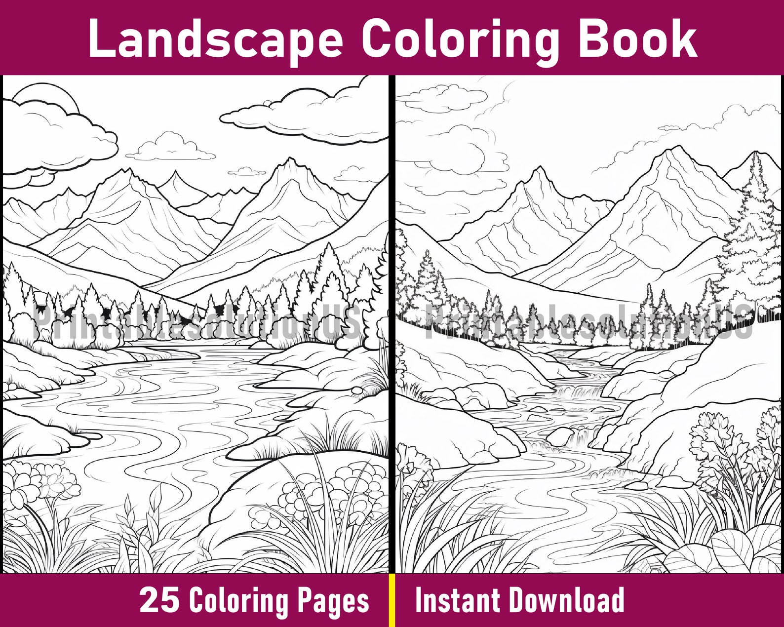Landscape Coloring Book | Printable Landscape Coloring Pages | Black ...