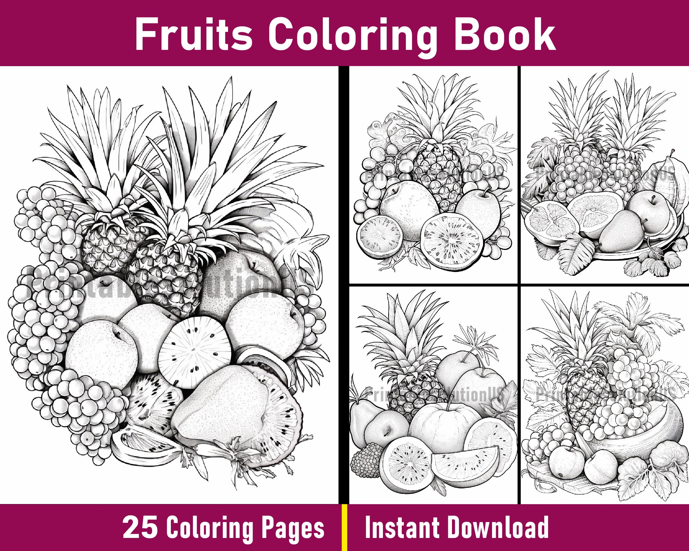 Fruits Coloring Book Printable Summer Coloring Pages Grayscale Summer ...