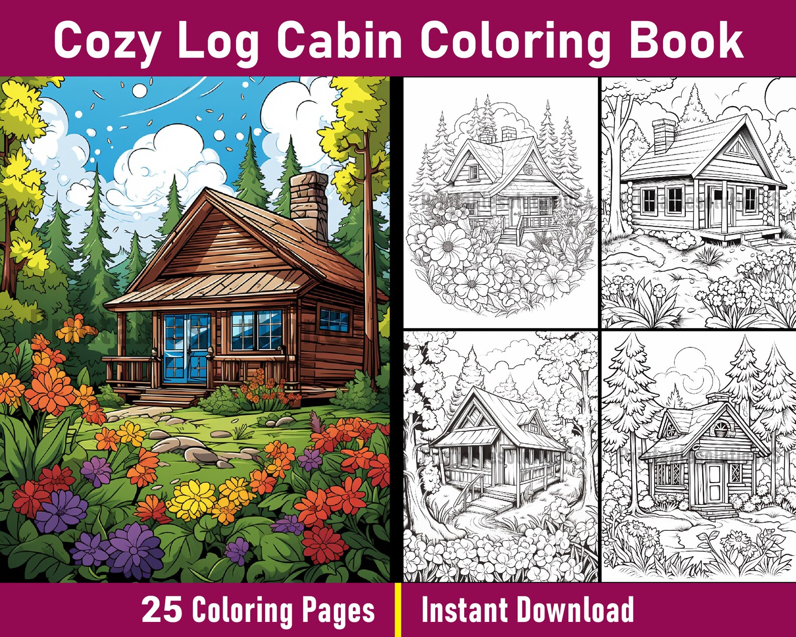 Cozy Log Cabin Coloring Book Pages | Printable Garden House Coloring ...