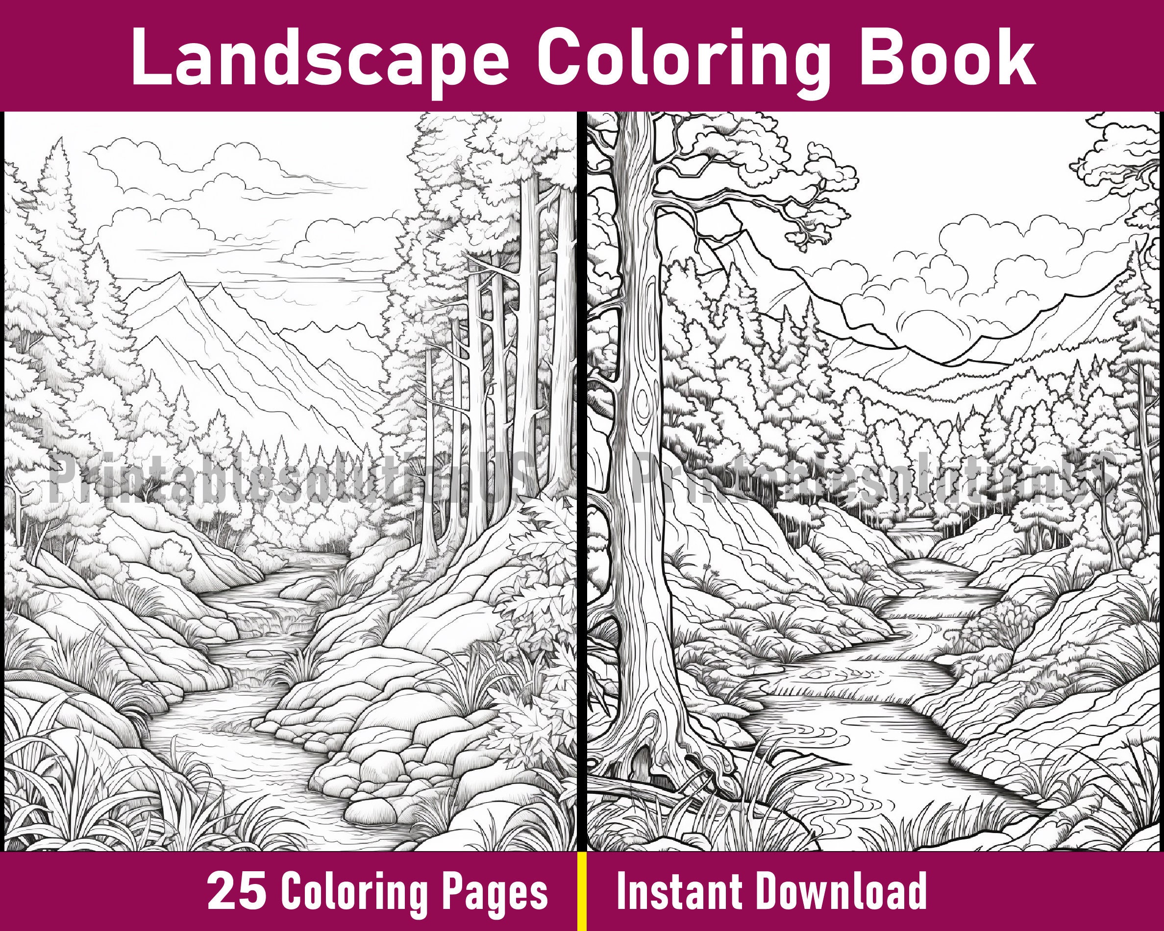 Landscape Coloring Book | Printable Landscape Coloring Pages | Black ...