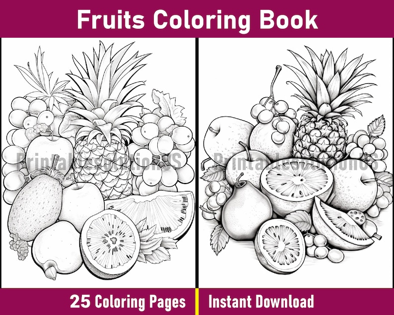 Fruits Coloring Book | Printable Summer Coloring Pages | Grayscale ...