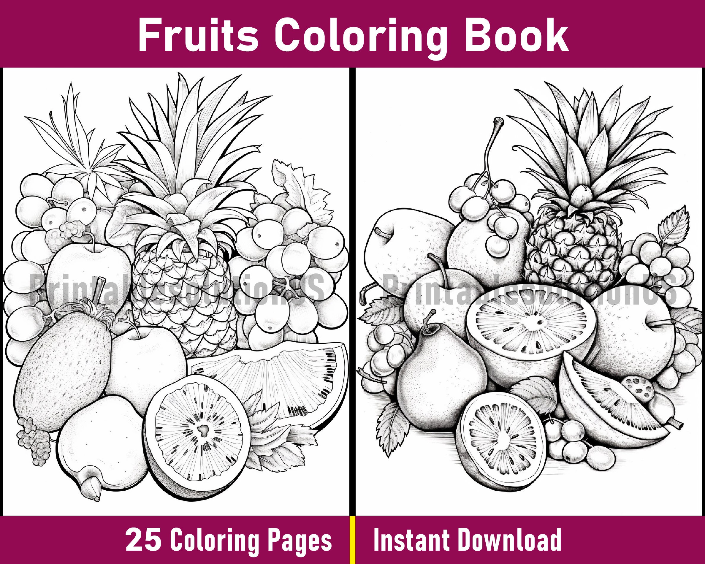 Fruits Coloring Book | Printable Summer Coloring Pages | Grayscale ...