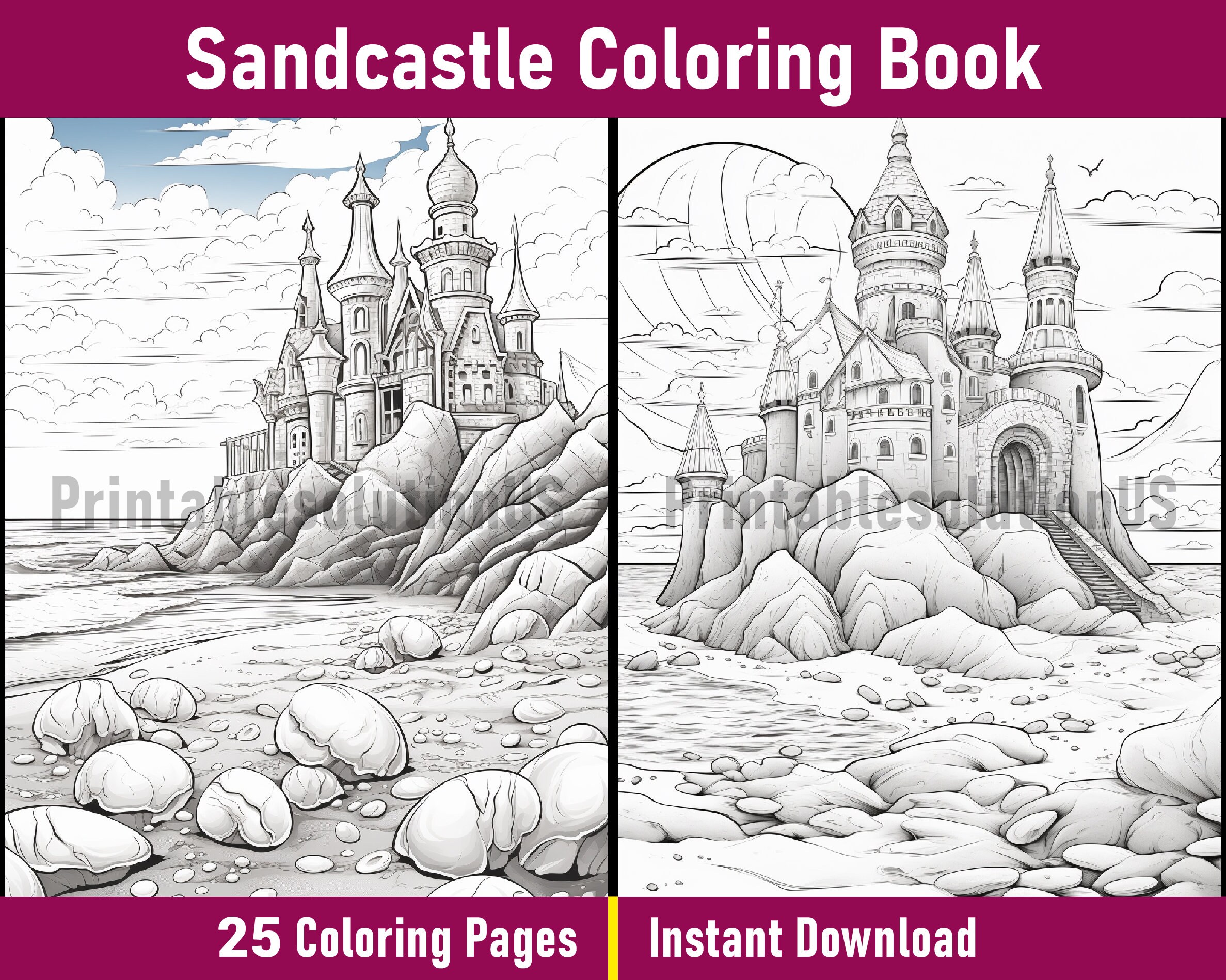 Sandcastle Coloring Book Printable Sandcastle Coloring Pages Black and ...