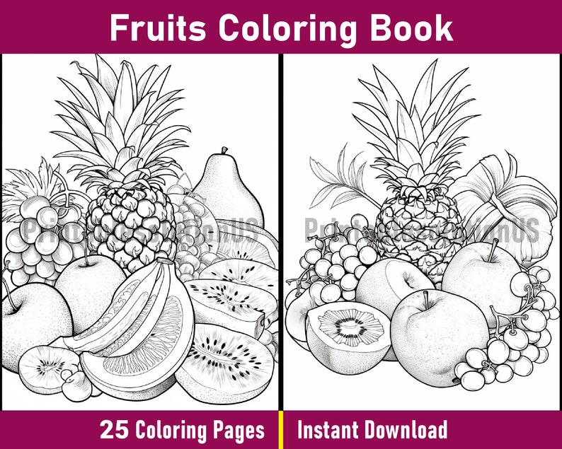 Fruits Coloring Book | Printable Summer Coloring Pages | Grayscale ...