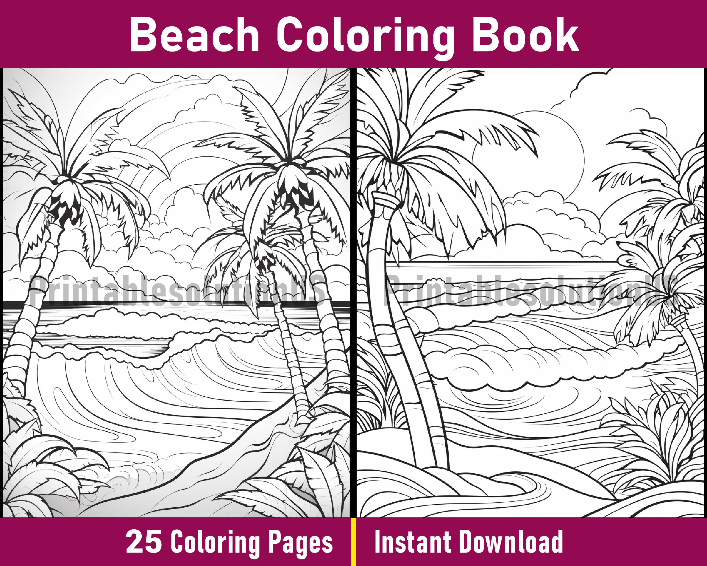 Beach Coloring Book | Printable Summer Coloring Pages | Black and White ...