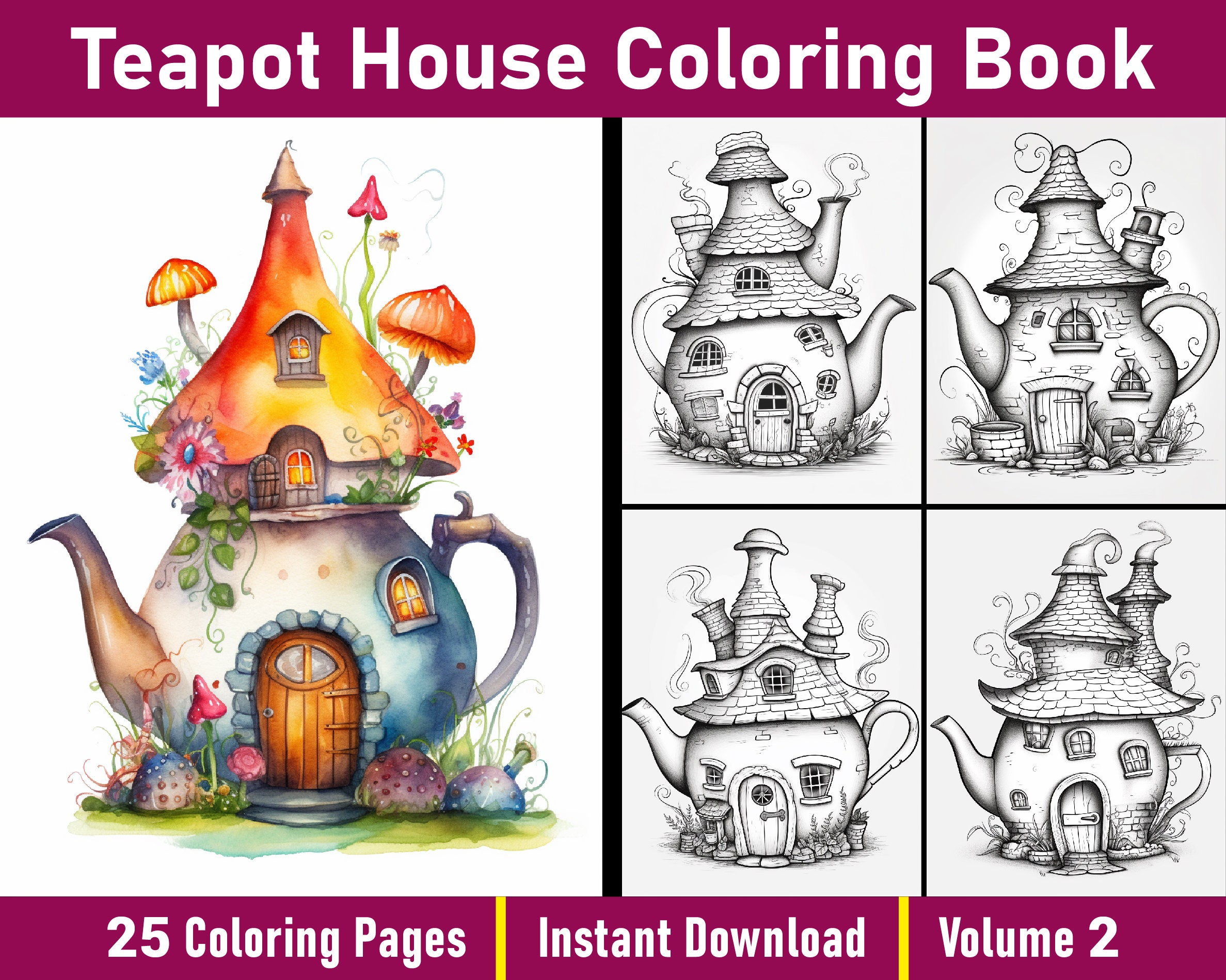 Teapot House Coloring Book V-2 Whimsical Teapot Fairy House Coloring ...