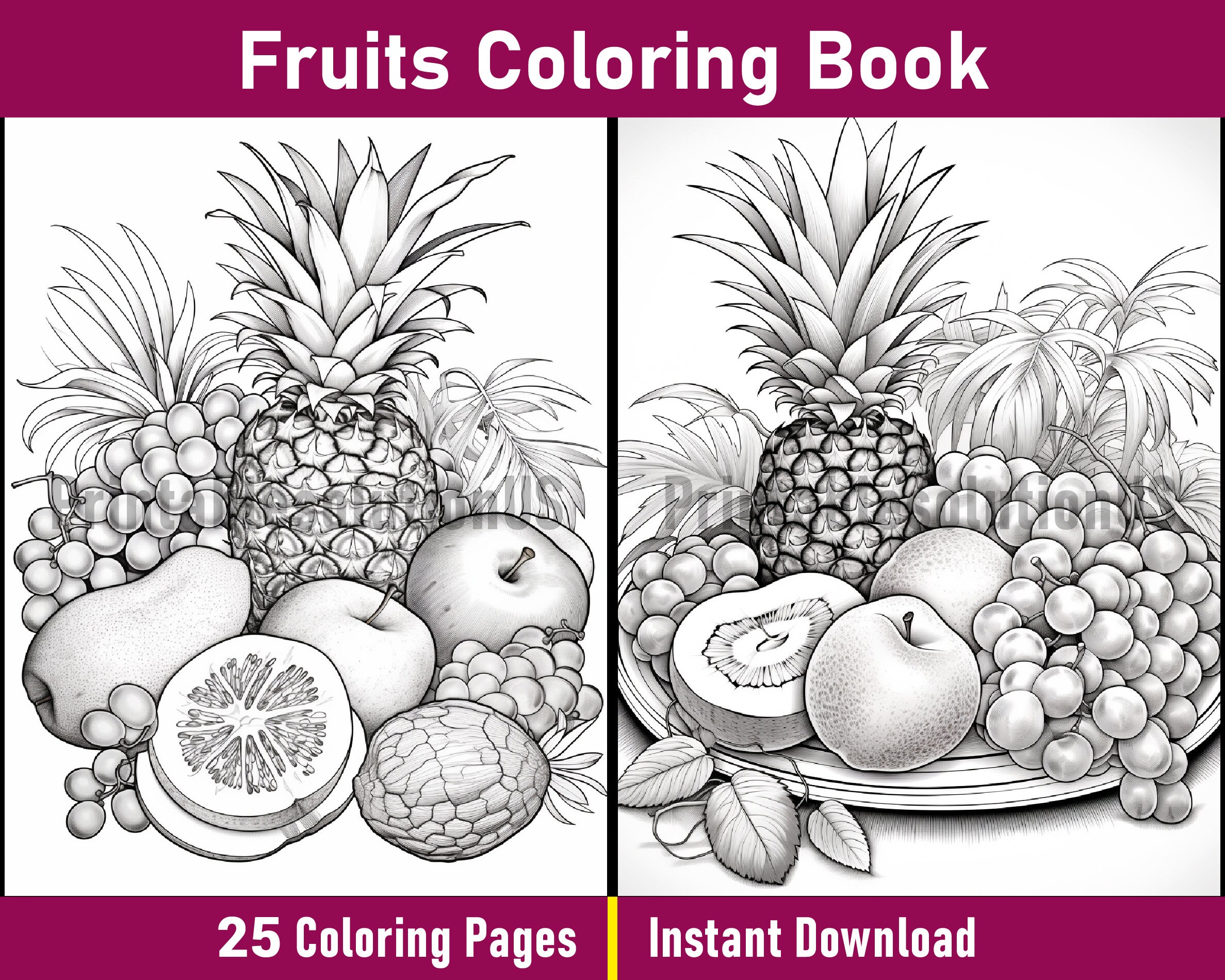 Fruits Coloring Book | Printable Summer Coloring Pages | Grayscale ...