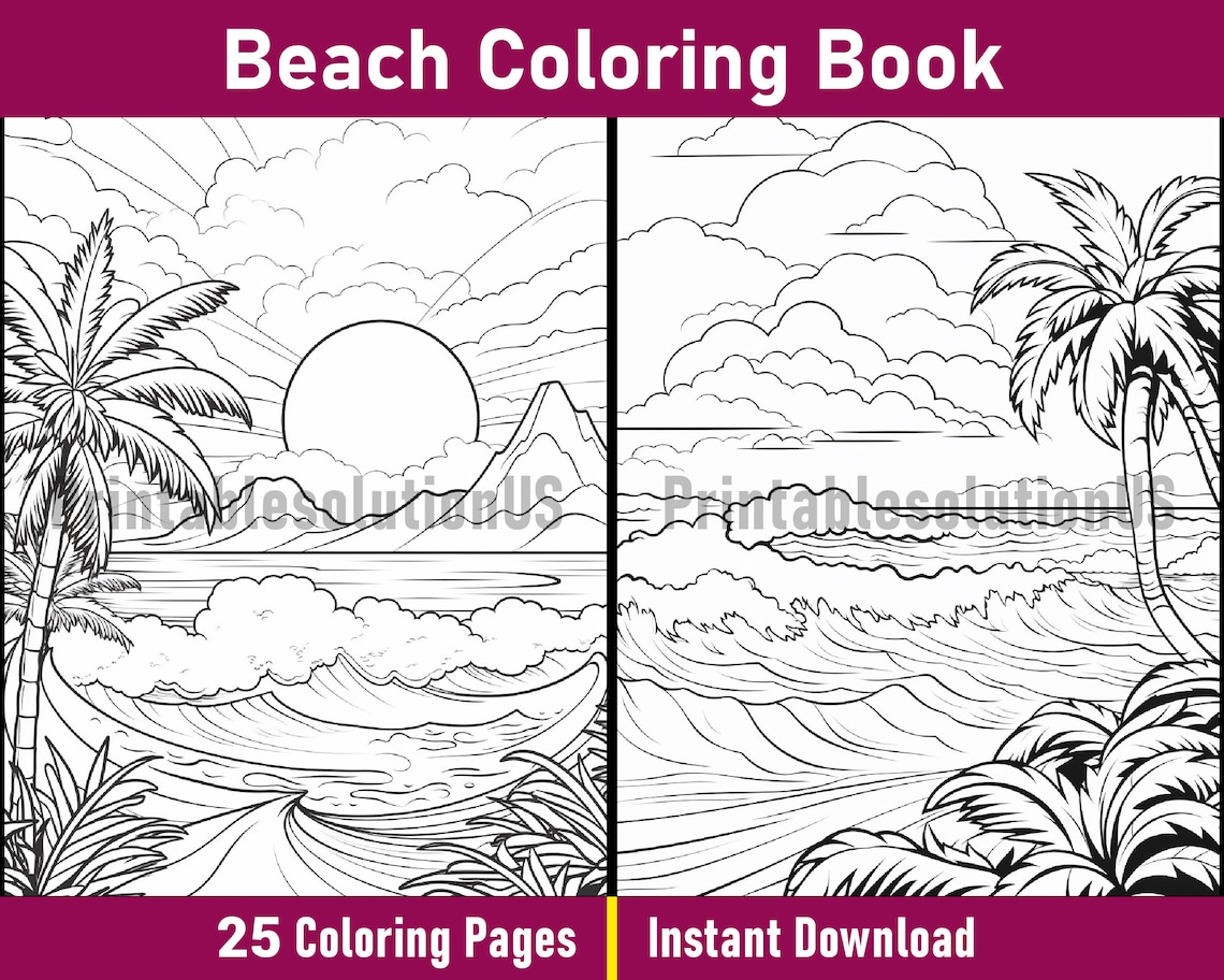 Beach Coloring Book Printable Summer Coloring Pages Black and White ...