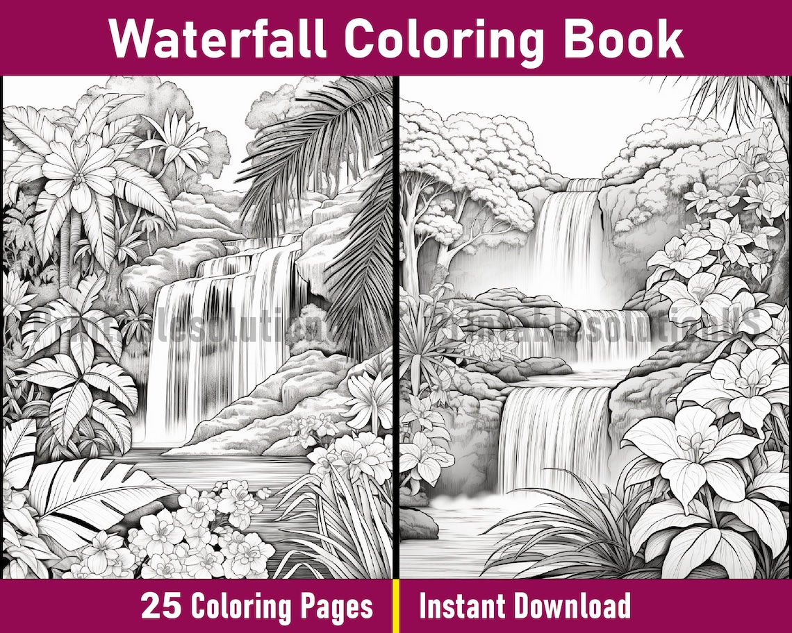 Waterfall Coloring Book V-3 Printable Nature Coloring Pages Black and ...