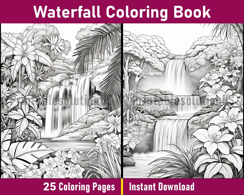 Waterfall Coloring Book V-3 Printable Nature Coloring Pages Black and ...