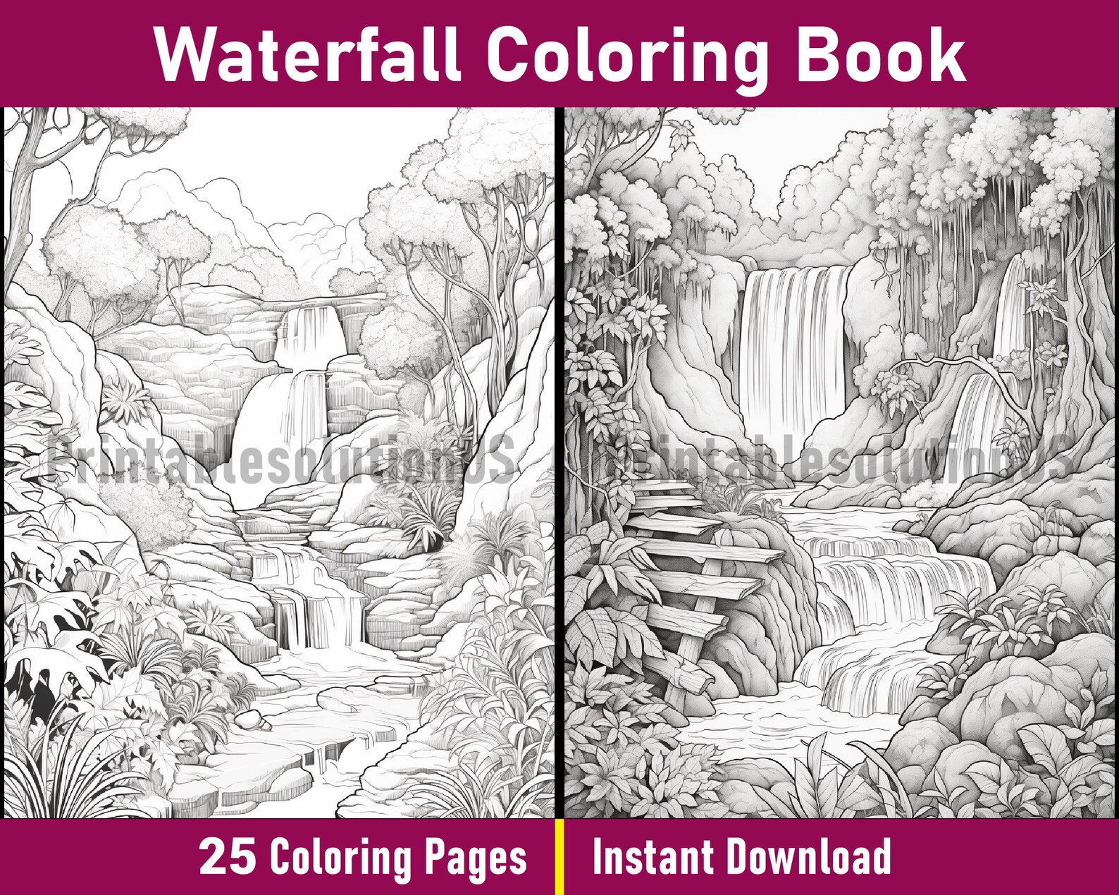 Waterfall Coloring Book V-4 Printable Nature Coloring Pages Black and ...