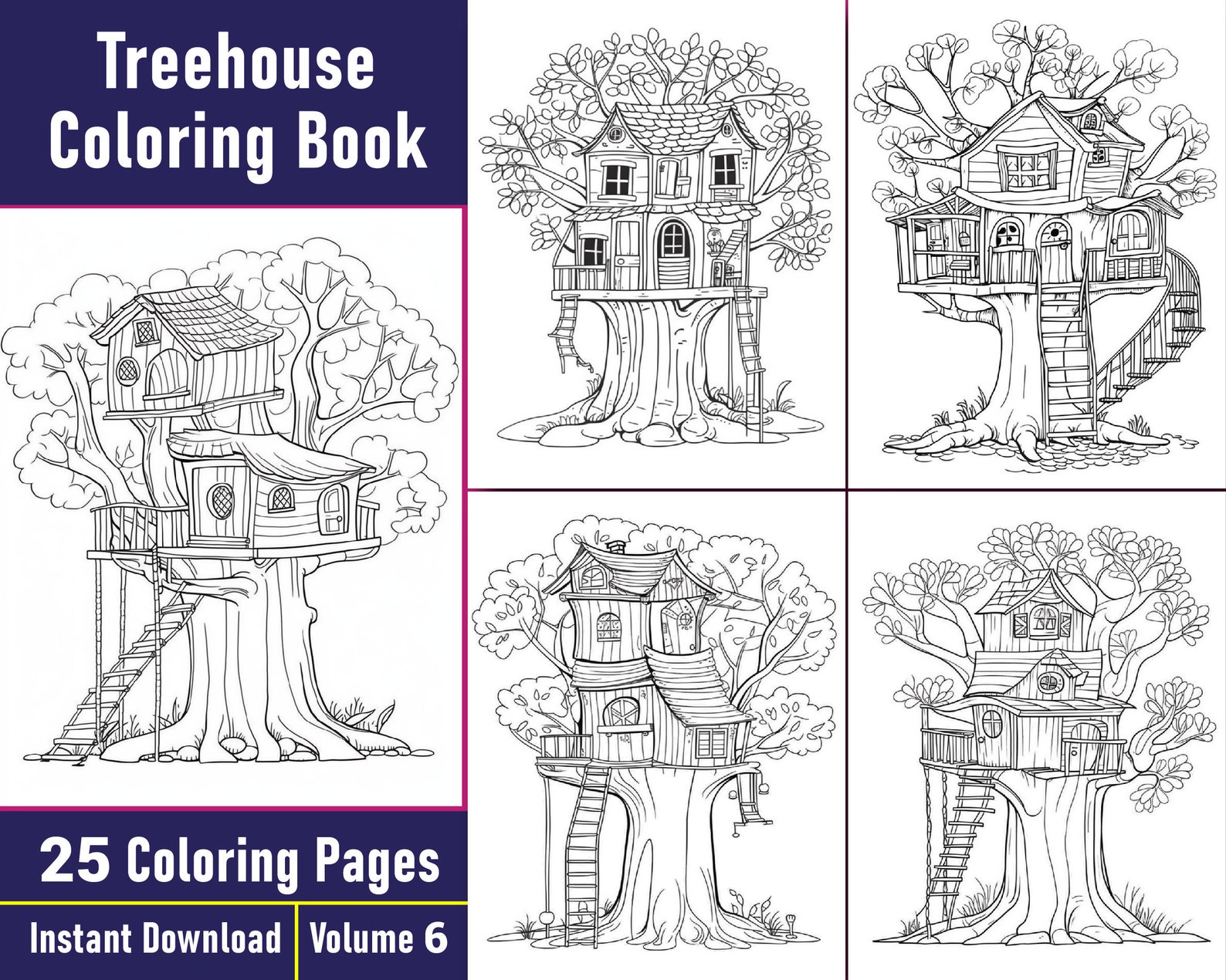 Enchanted Treehouse Coloring Book | 25 Grayscale Pages (printable PDF ...