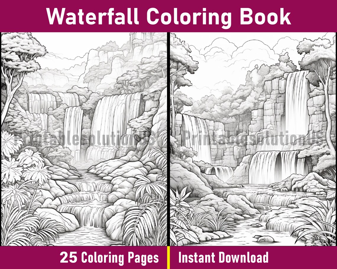 Waterfall Coloring Book V-4 Printable Nature Coloring Pages Black and ...