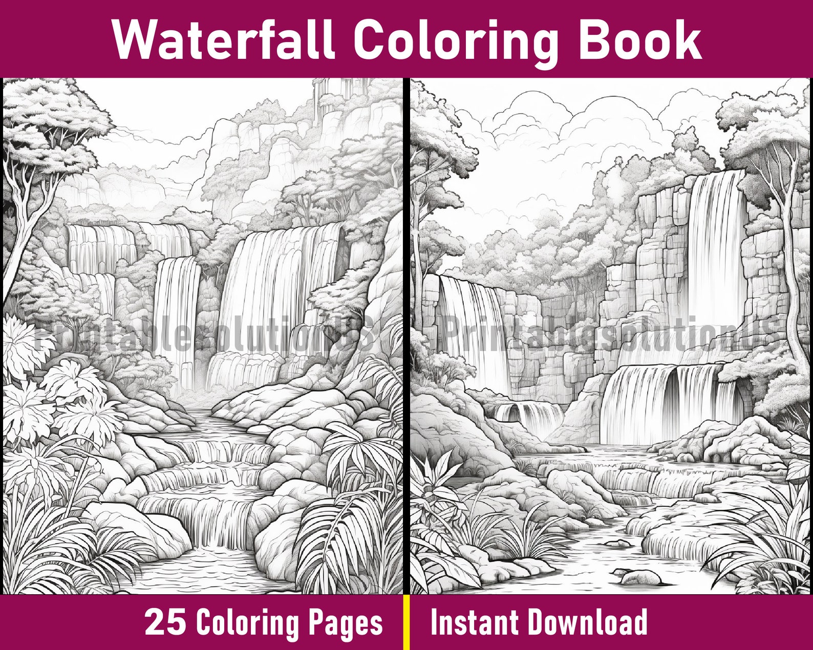 Waterfall Coloring Book V-4 Printable Nature Coloring Pages Black and ...