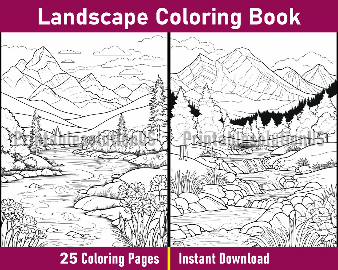 Landscape Coloring Book | Printable Landscape Coloring Pages | Black ...