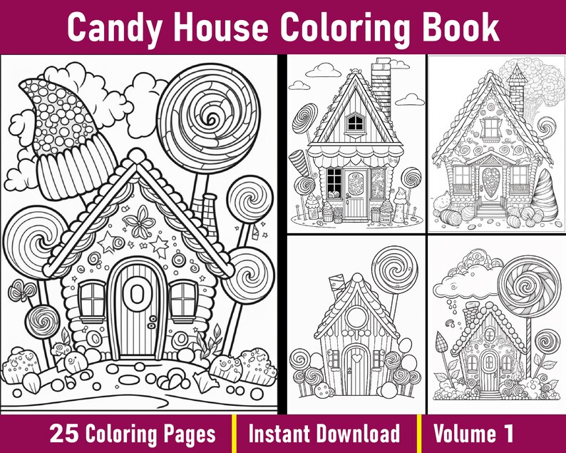Candy House Coloring Book | 25 Printable Grayscale Pages (PDF) - Etsy