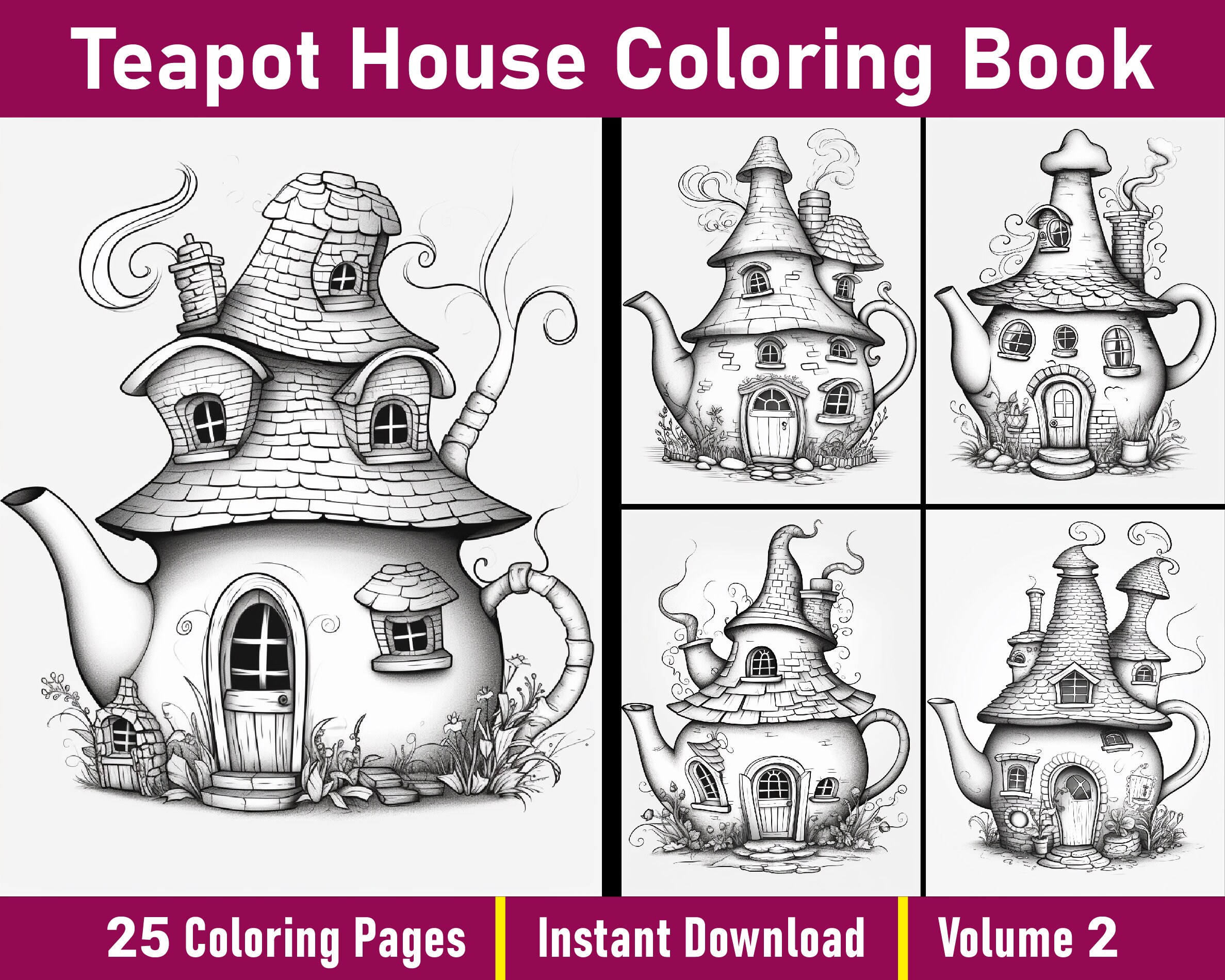 Teapot House Coloring Book V-2 | Whimsical Teapot Fairy House Coloring ...