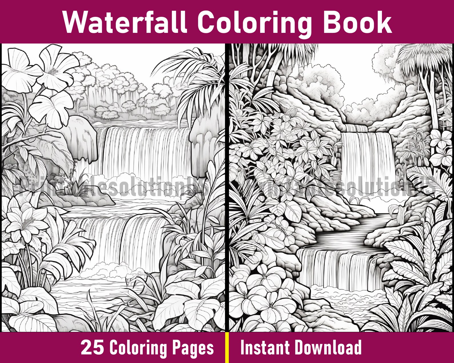 Waterfall Coloring Book V-3 | Printable Nature Coloring Pages | Black ...