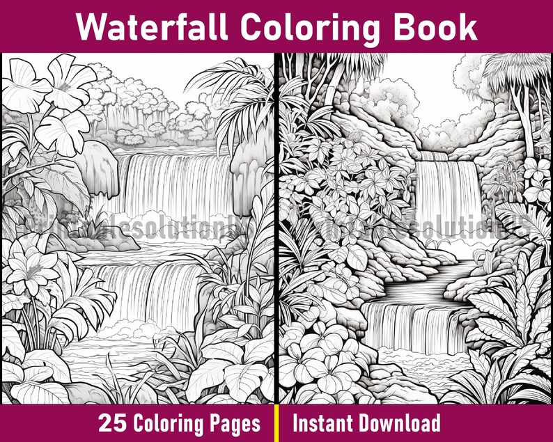 Waterfall Coloring Book V-3 | Printable Nature Coloring Pages | Black ...