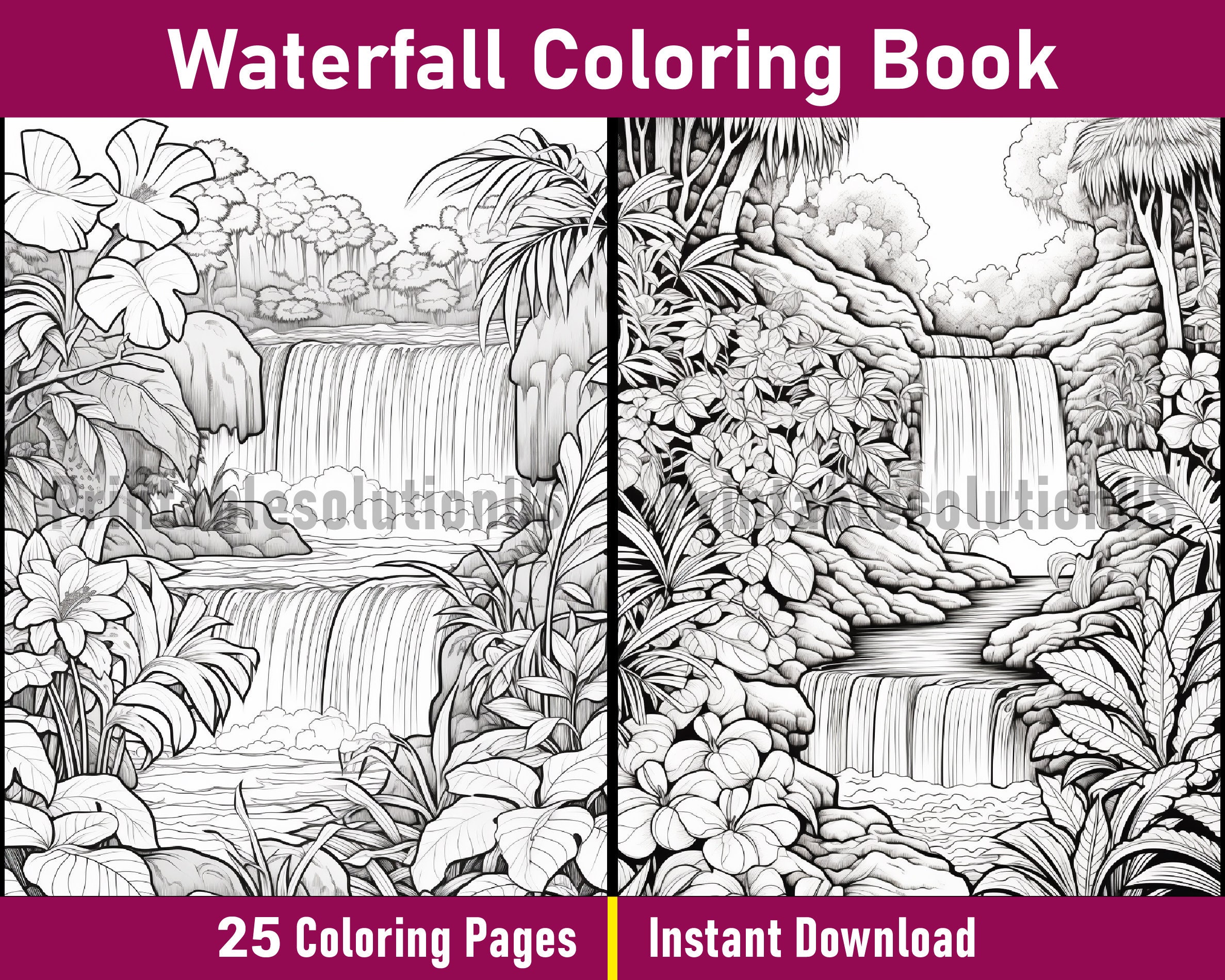Waterfall Coloring Book V-3 | Printable Nature Coloring Pages | Black ...