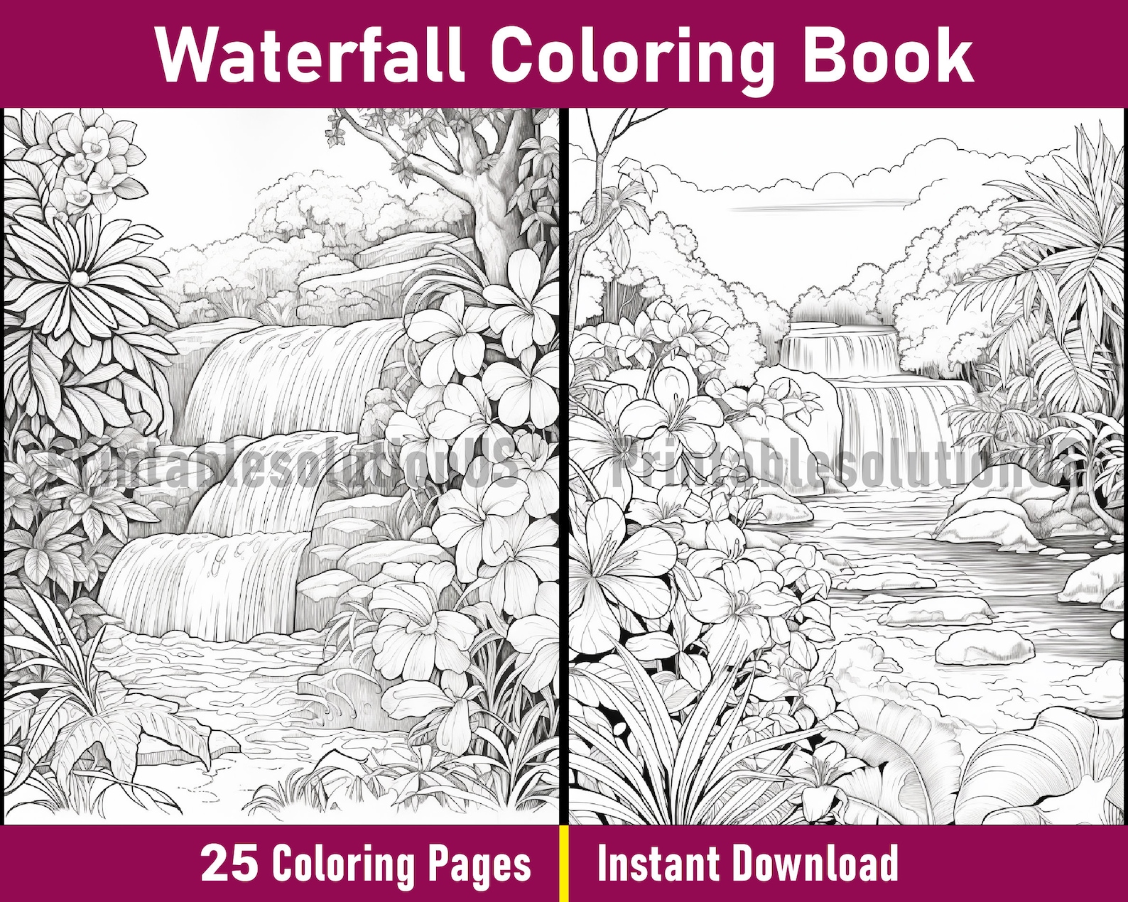 Waterfall Coloring Book V-3 | Printable Nature Coloring Pages | Black ...