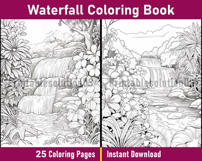 Waterfall Coloring Book V-3 | Printable Nature Coloring Pages | Black ...