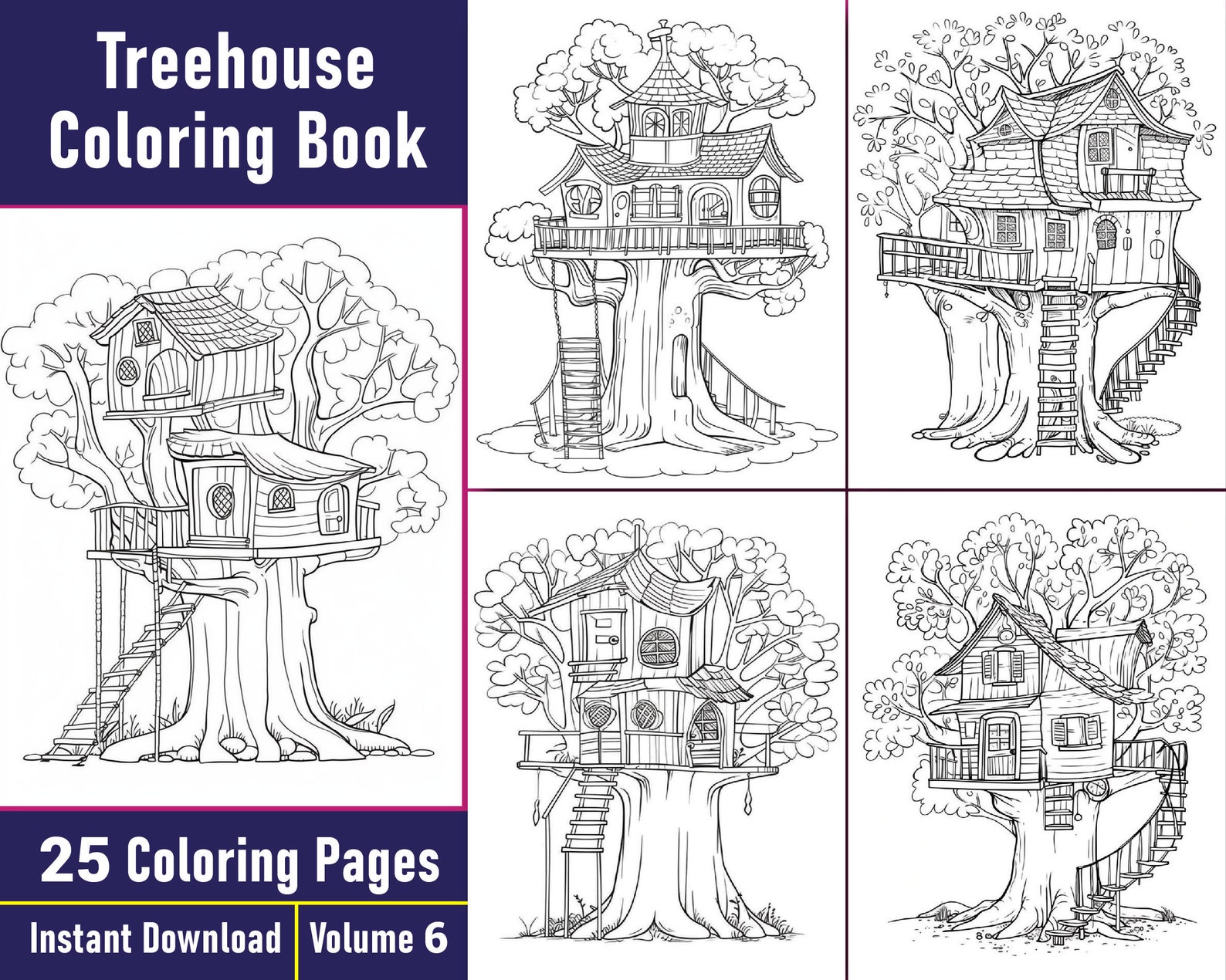 Enchanted Treehouse Coloring Book | 25 Grayscale Pages (printable PDF ...