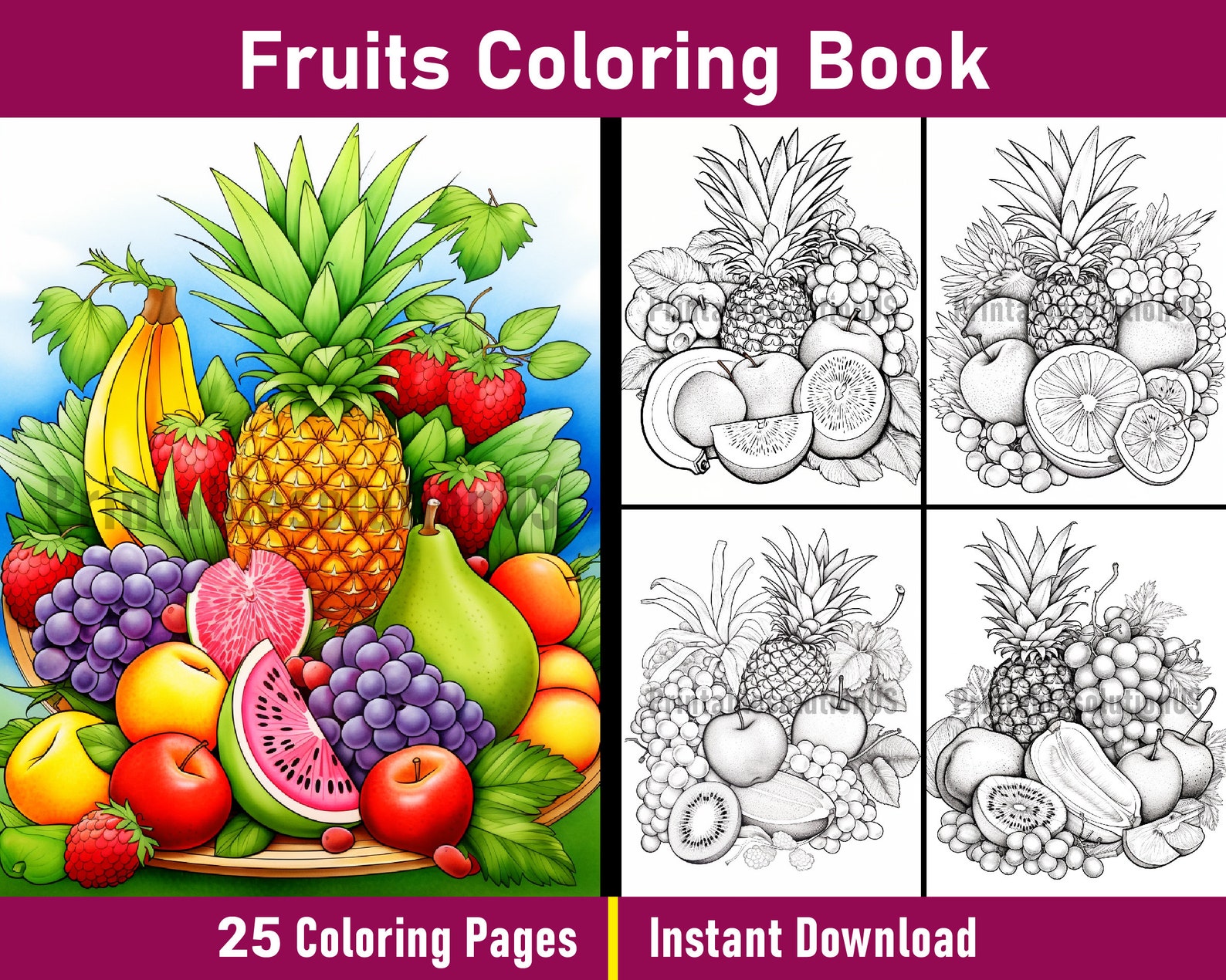 Fruits Coloring Book | Printable Summer Coloring Pages | Grayscale ...