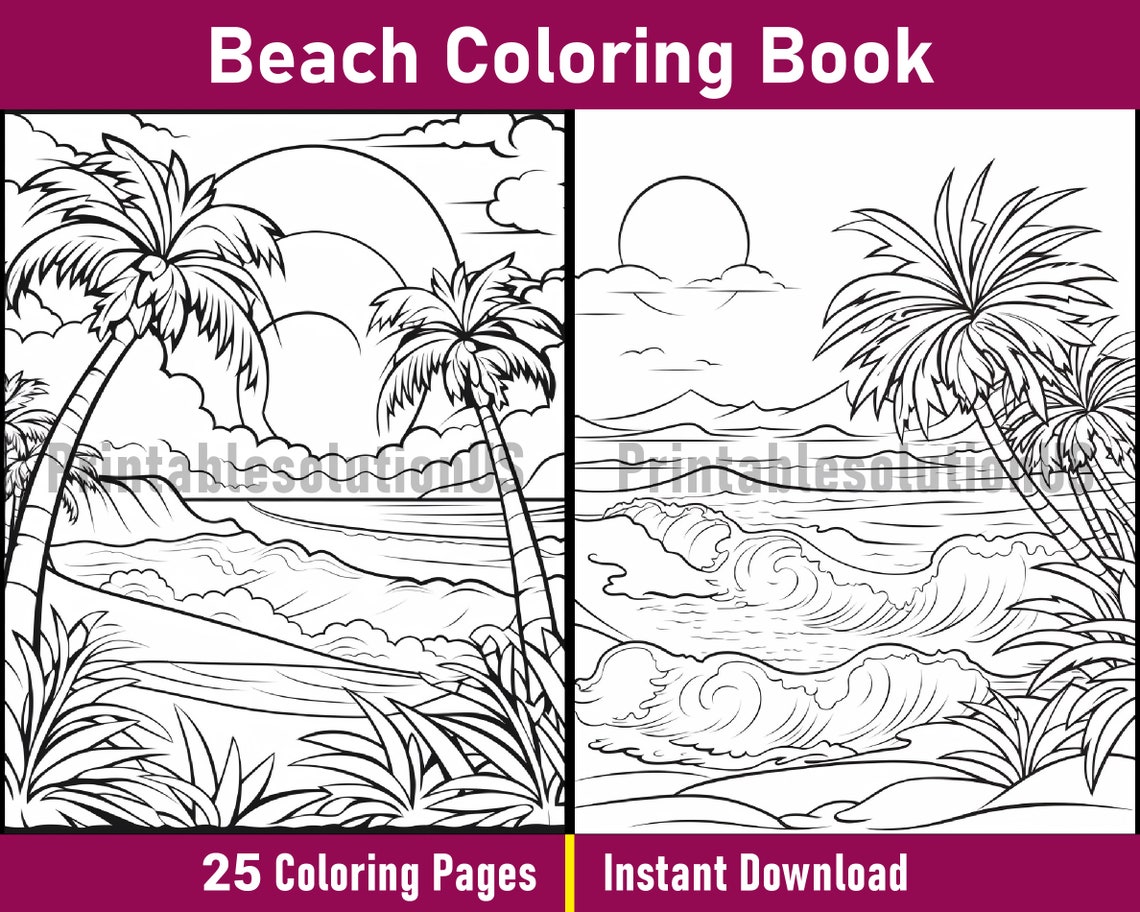 Beach Coloring Book Printable Summer Coloring Pages Black and White ...