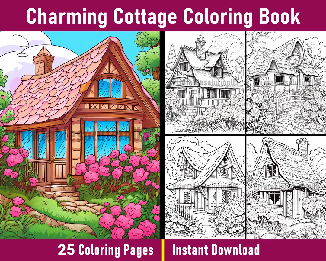 Charming Cottage Coloring Book Pages Printable Cozy Cabin - Etsy