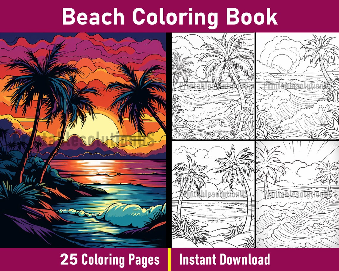 Beach Coloring Book Printable Summer Coloring Pages Black and White ...