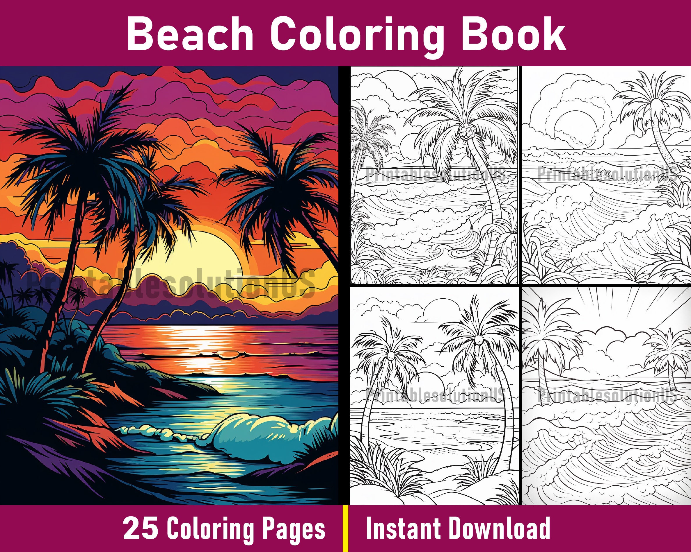 Beach Coloring Book Printable Summer Coloring Pages Black and White ...